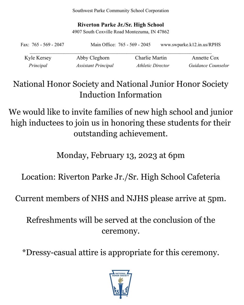 NHS & NJHS Induction Invitation | Riverton Parke Jr./Sr. High School
