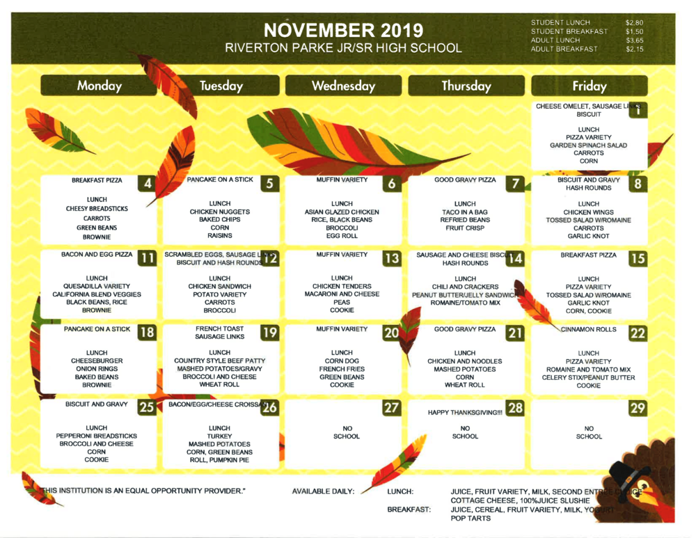 RP November Breakfast / Lunch Menu | Riverton Parke Jr./Sr. High School
