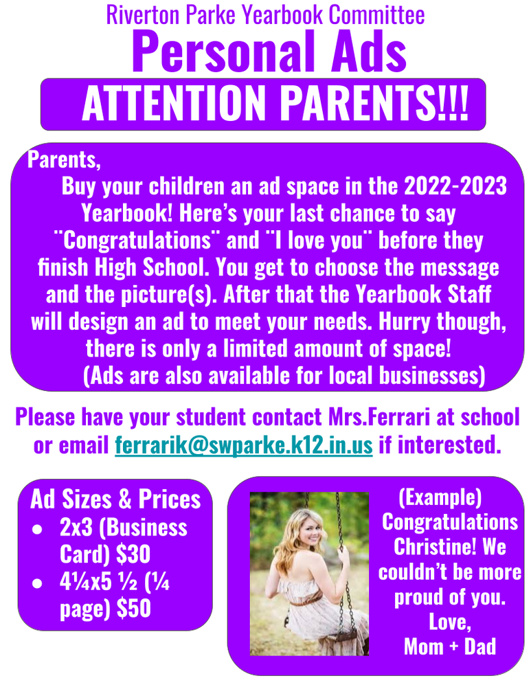 RP Yearbook Personal Ads Available! | Riverton Parke Jr./Sr. High School